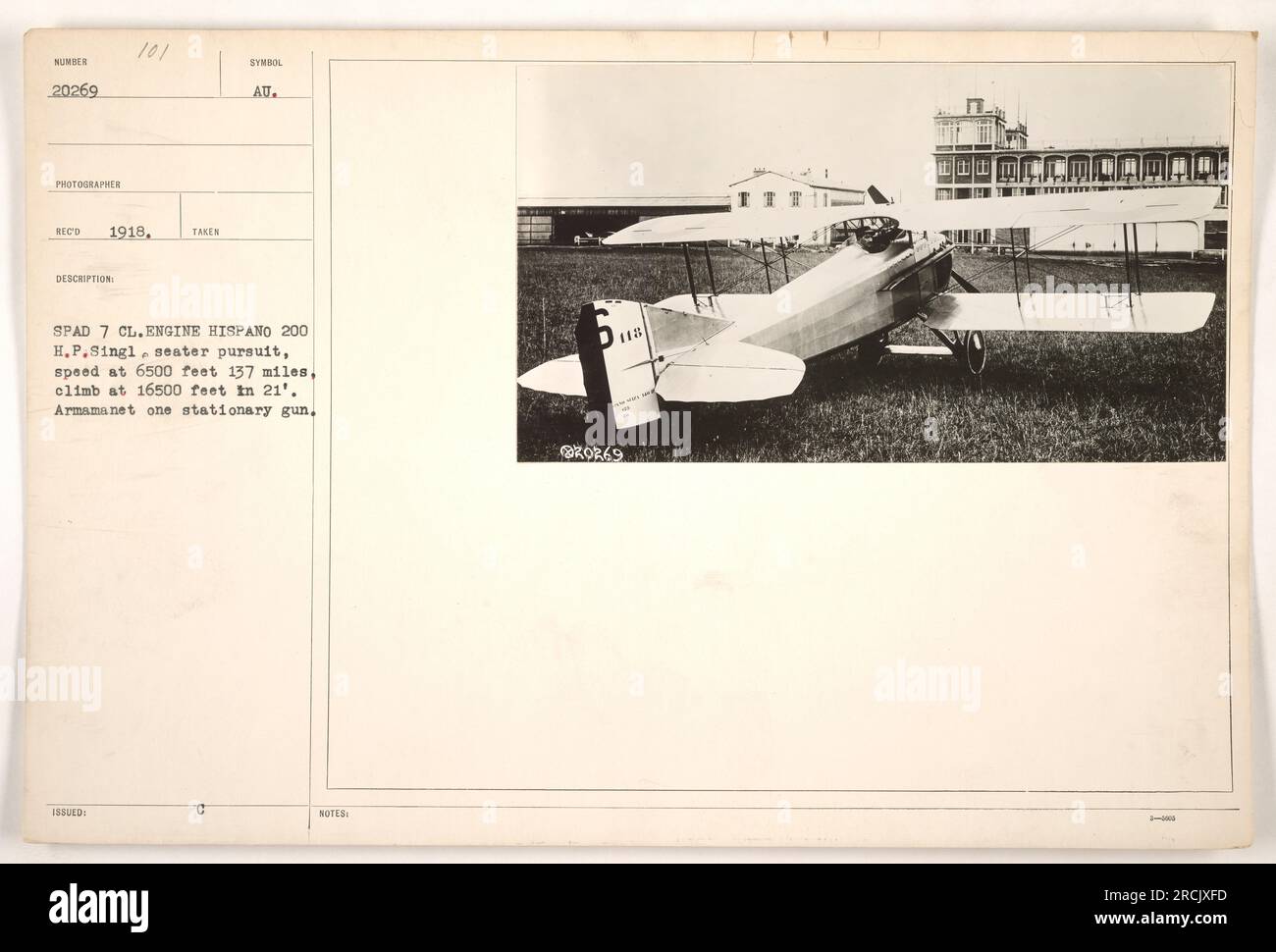 A photograph of an SPAD 7 CL engine Hispano 200 H.P. single-seater ...