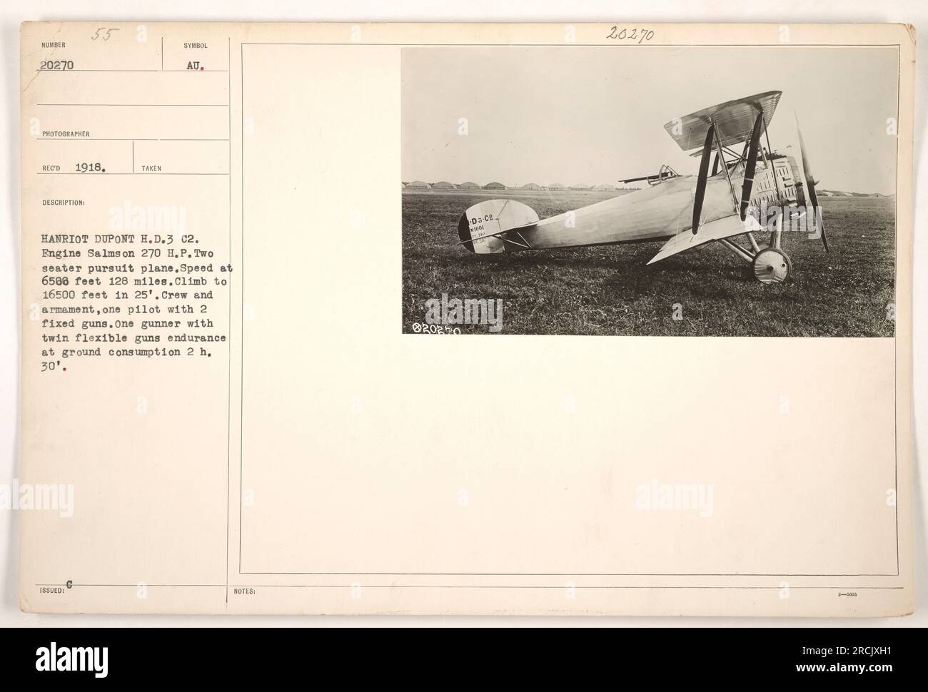 A photograph taken in 1918 showing a Hanriot Dupont H.D.3 C2 aircraft ...