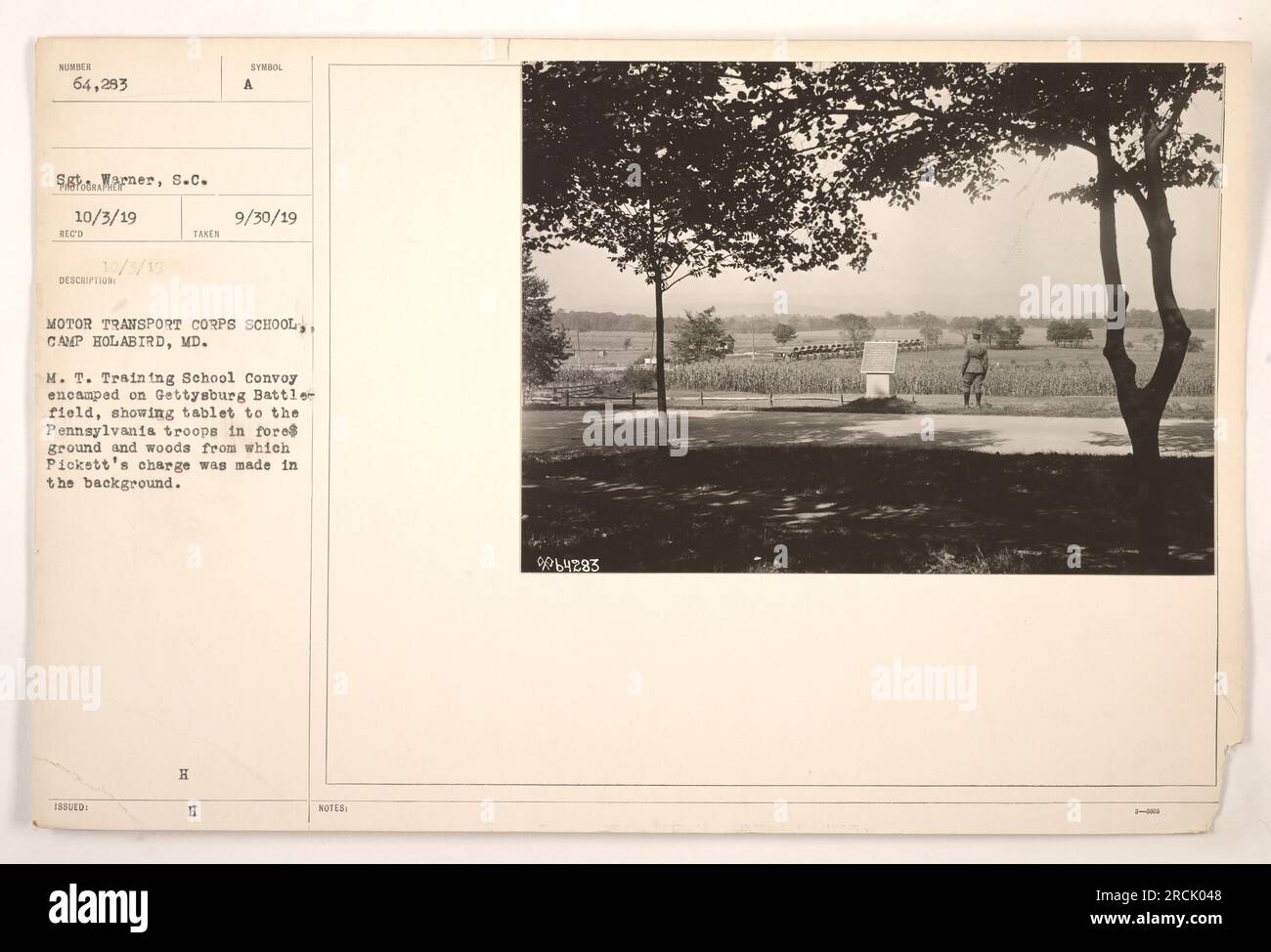 M.T.C. School convoy encamped on Gettysburg Battlefield, with a tablet ...