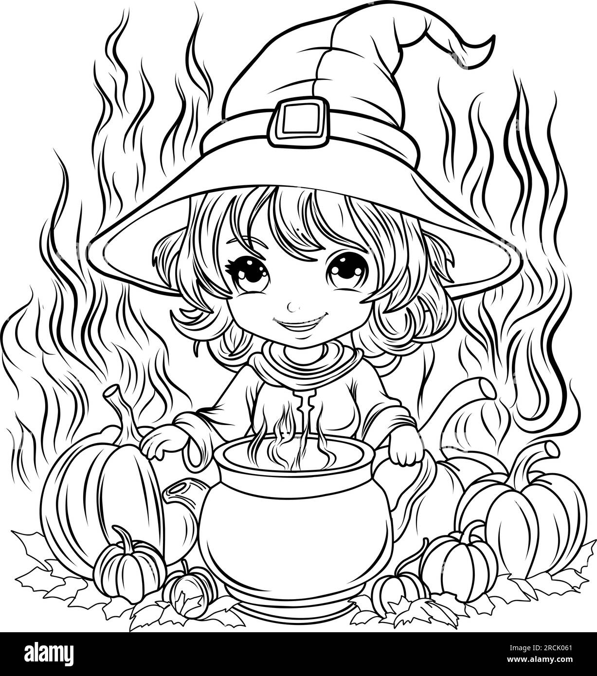 Coloring page Witch in a hat brews a witch's potion in a cauldron ...