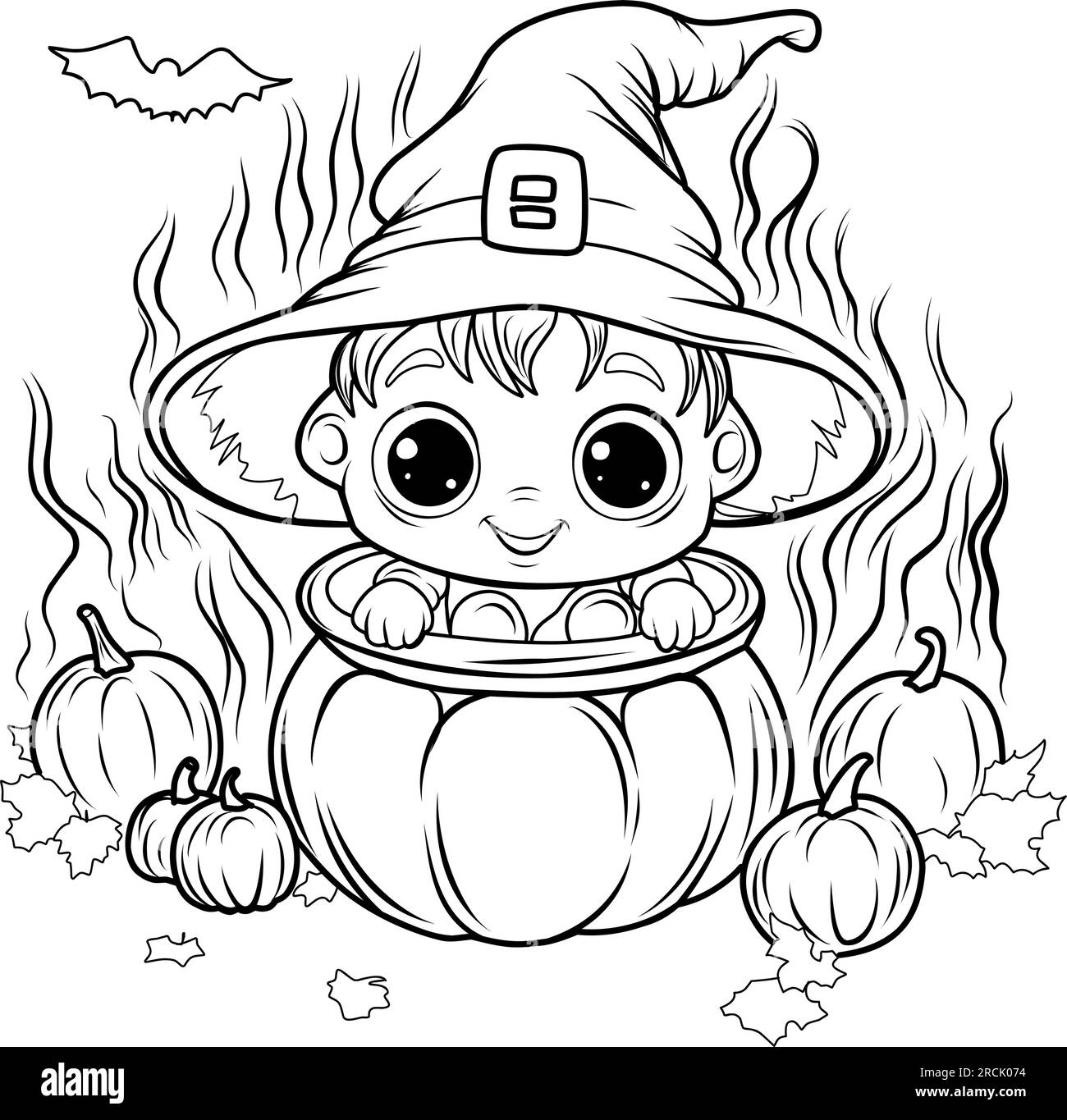 Coloring page Witch in a hat brews a witch's potion in a cauldron ...