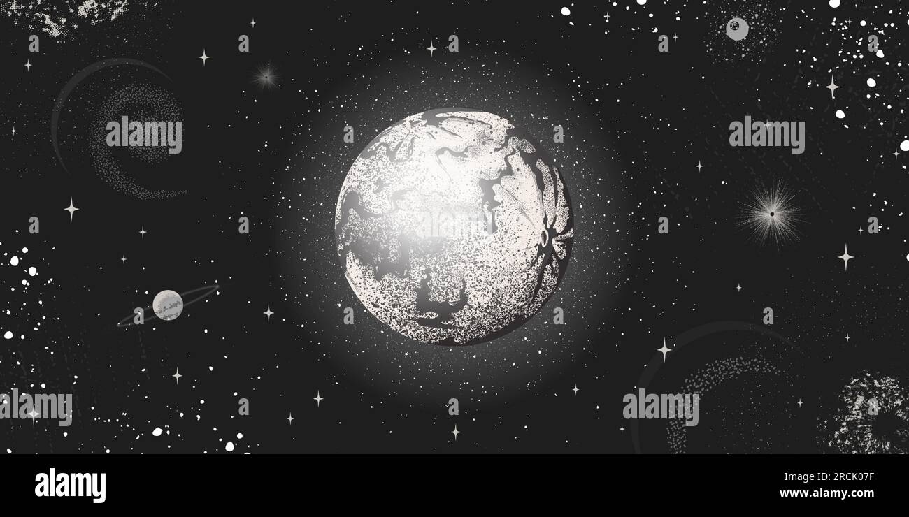Moon and planets. Space background. Astrology sketch. Fantasy occult ...