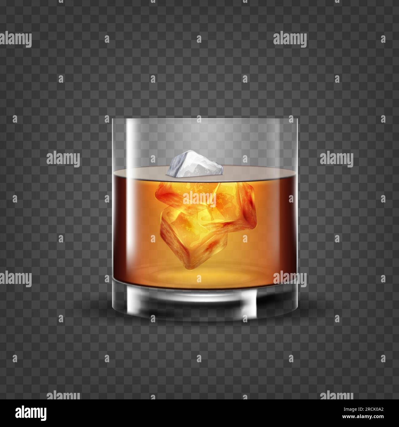 Whiskey glass. Bourbon with ice cubes. Whisky classic serving. Transparent glassware. Scotch ...