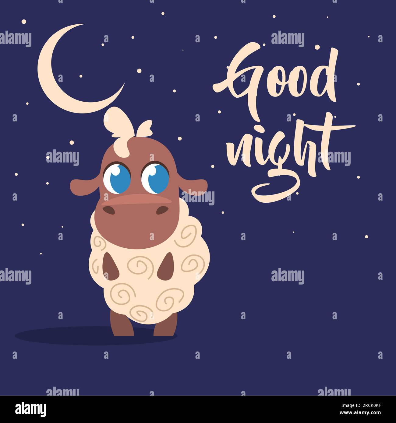 Cute animals. Cartoon adorable sheep. Moon and stars in dark sky. Good ...