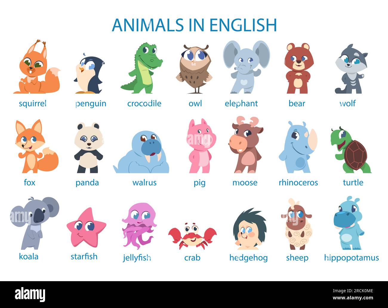 Cartoon cute animals. Wild and domestic colorful characters with ...