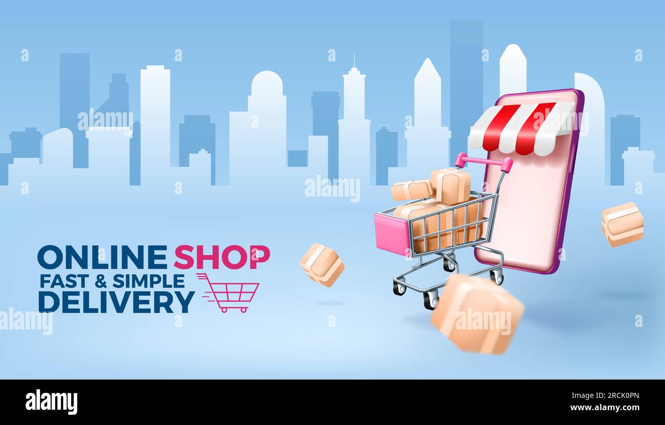 3d delivery. Fast shipment, trolley with cardboard boxes, order sale in ...