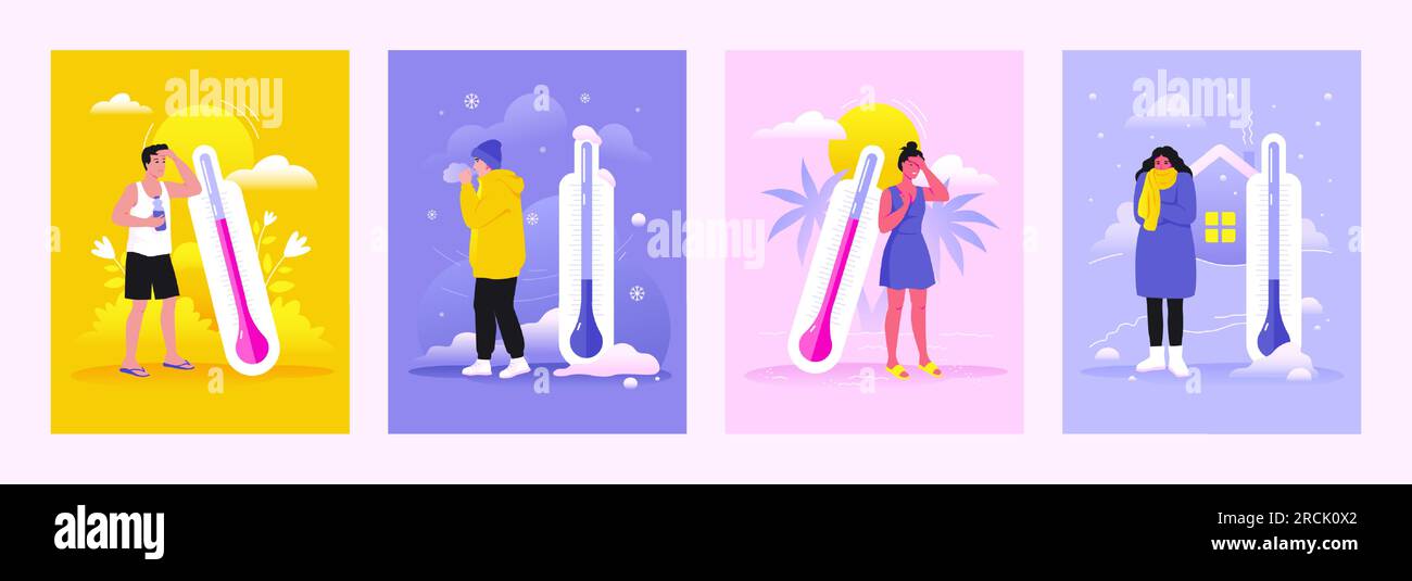 People with thermometers. Cold and hot weather. Winter and summer ...