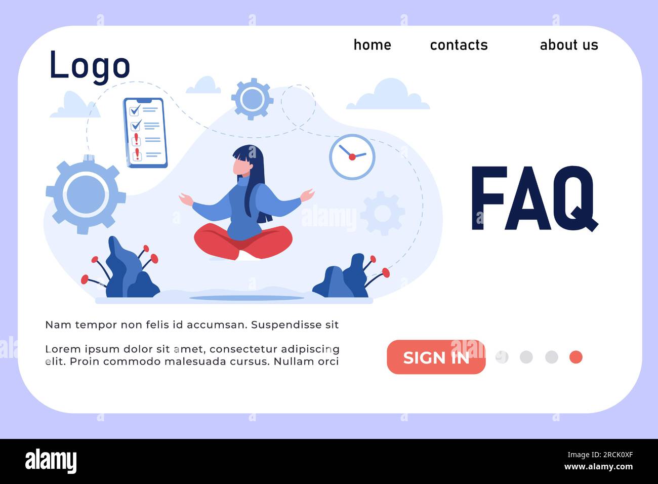 Online meeting landing page. FAQ website UI design. Woman planning time ...