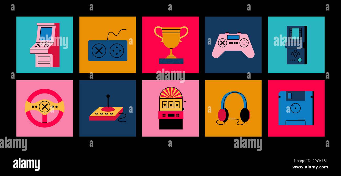 Arcade game icons. Retro joystick and headphones. VR controller logo ...