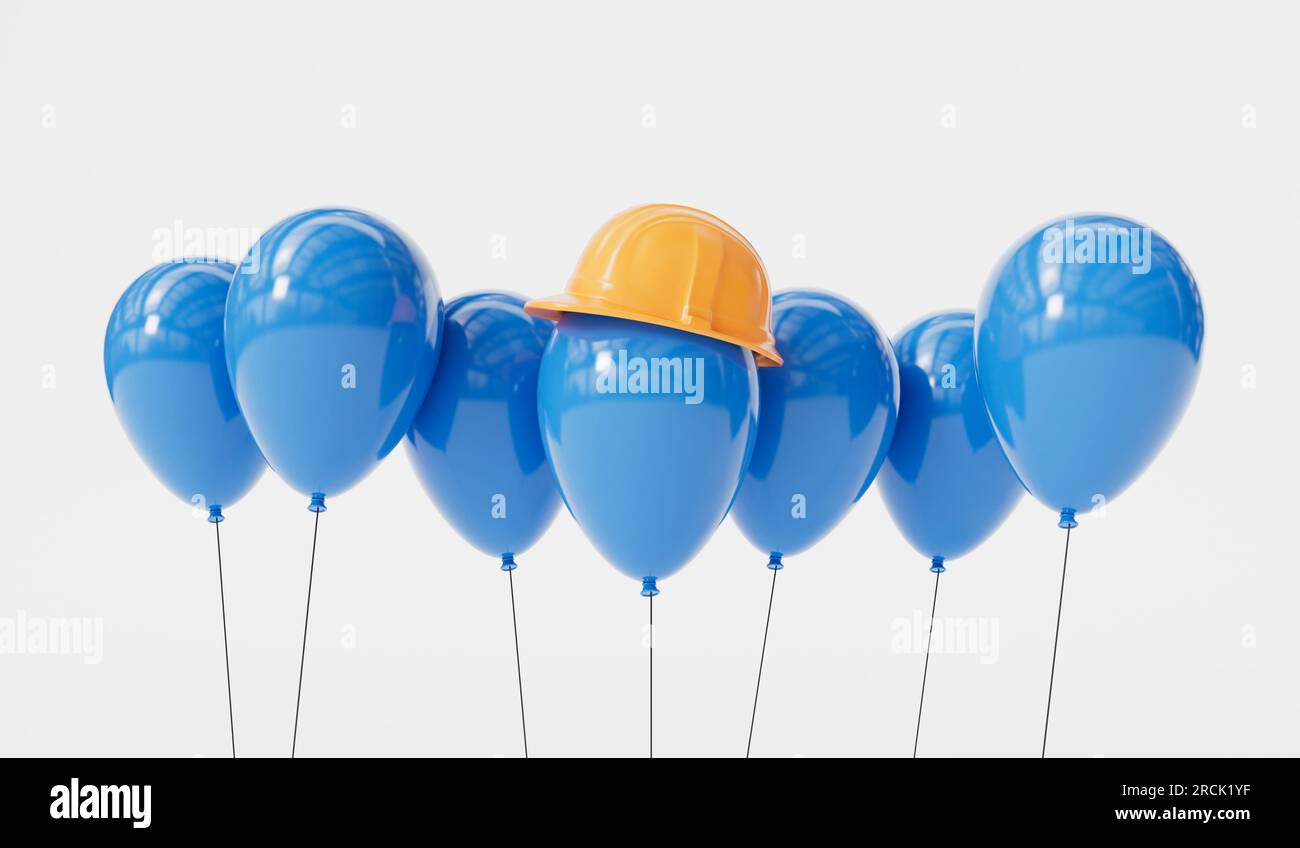 Celebration party balloon wearing a yellow construction hard hat. labor ...