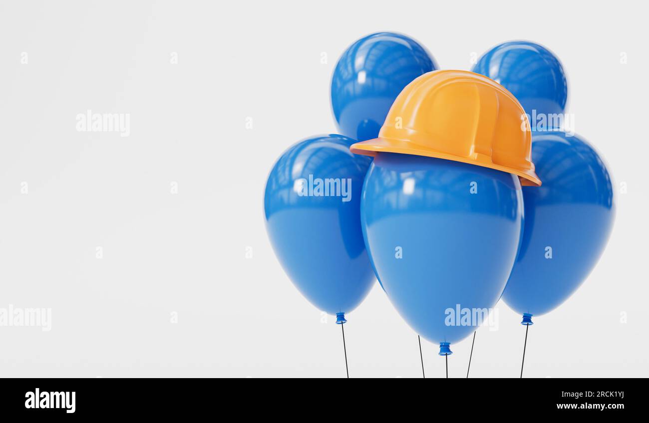Celebration party balloon wearing a yellow construction hard hat. labor ...