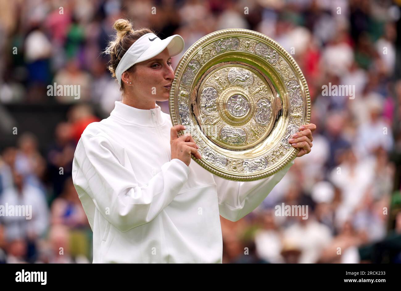 Marketa Vondrousova celebrates with the Venus Rosewater Dish following ...