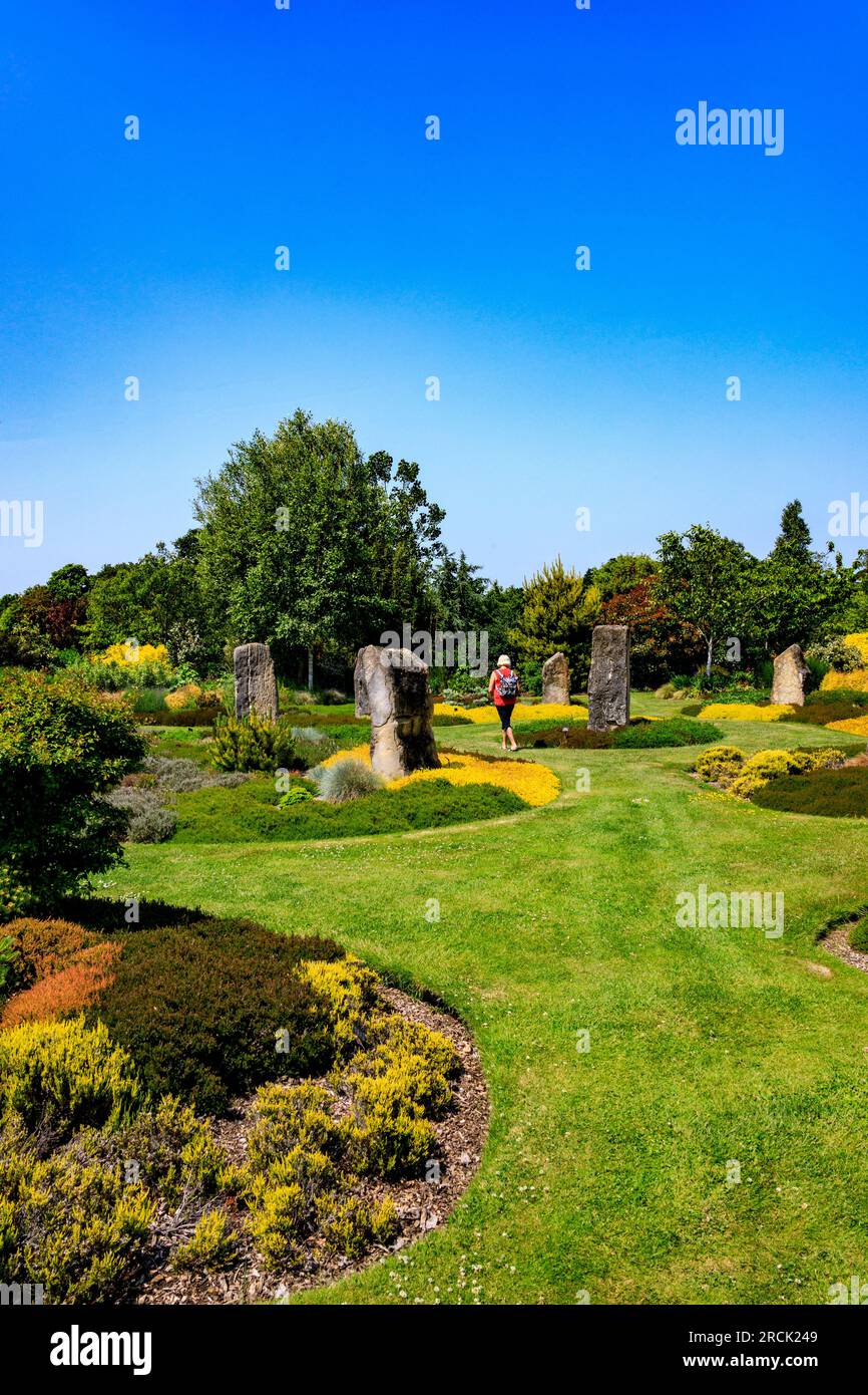 A lady visitor wandering around the ‘Holme Henge’ Purbeck stone ...