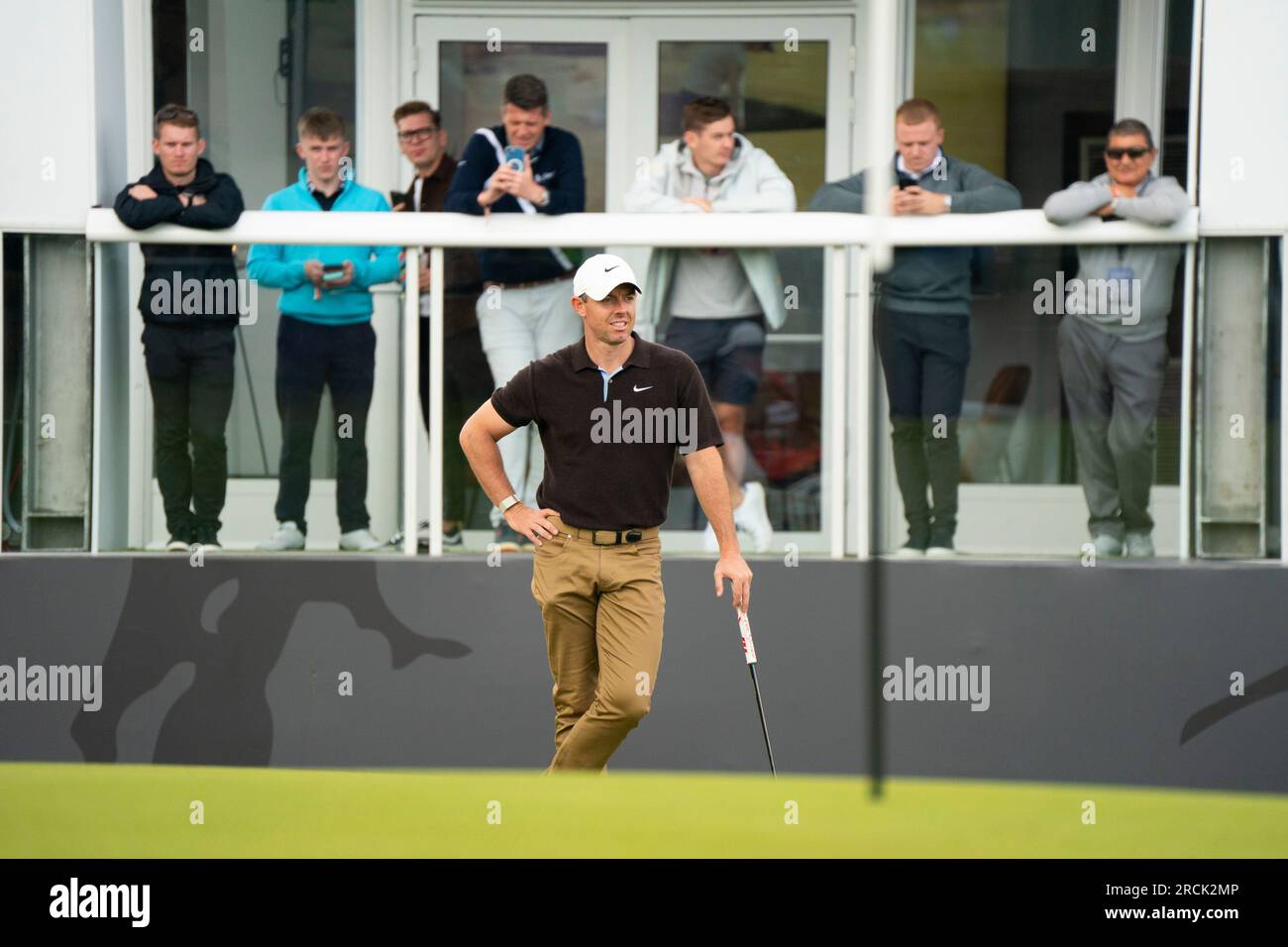 North Berwick, East Lothian, Scotland, UK. 15th July 2023. Rory McIlroy stands beside the 18th ...