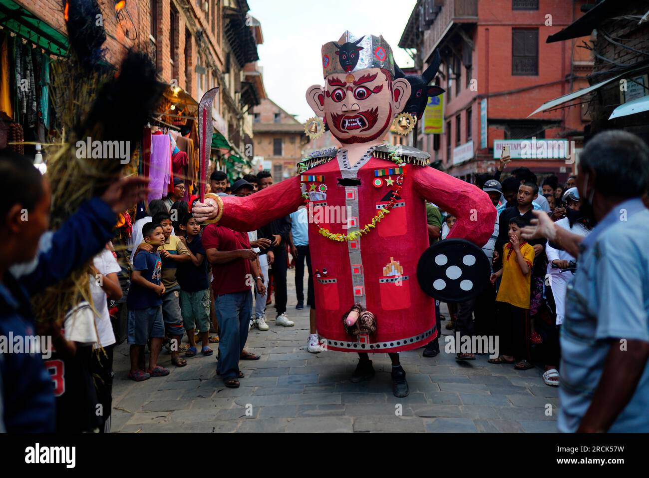 Bhaktapur, Nepal. 15th July, 2023. A man is concealed inside the ...