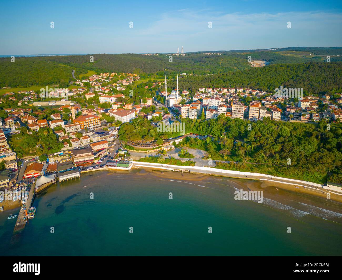 Kumkoy historic town center aerial view including Kilyos Merkez Camii ... Kumkoy historic town center aerial view including Kilyos Merkez Camii ...