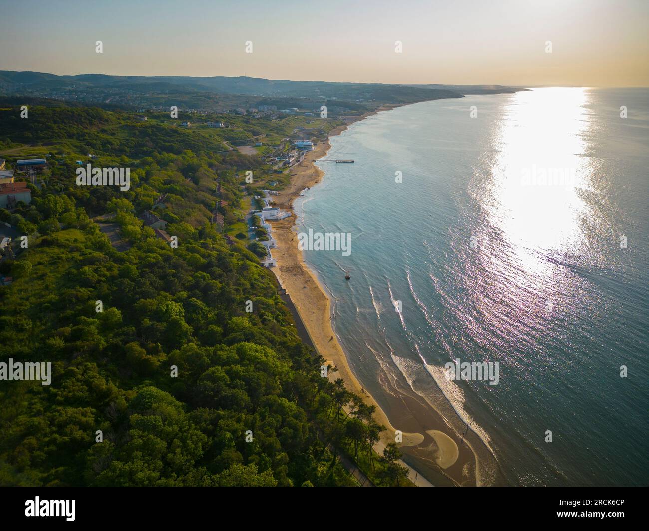 Kumkoy beach aerial view at Black Sea near historic town center Kumkoy ...