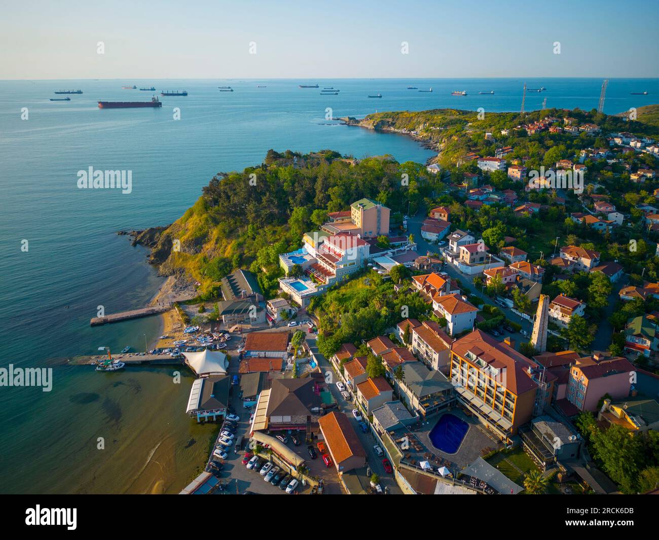 Kumkoy historic town center aerial view including the Black Sea seaside ... Kumkoy historic town center aerial view including the Black Sea seaside ...