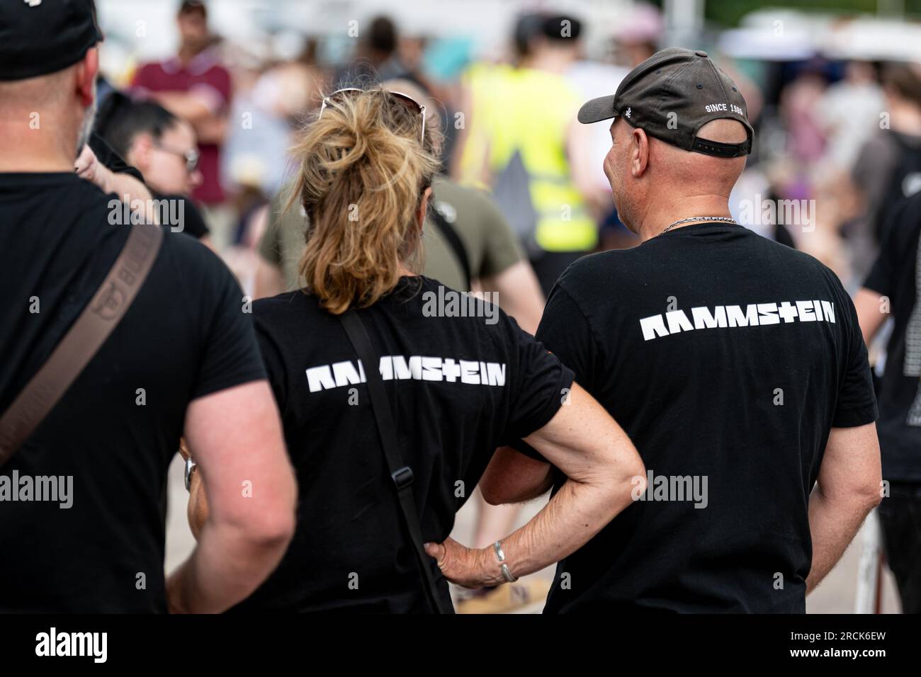 Berlin, Germany. 15th July, 2023. Rammstein fans stand in front of the ...