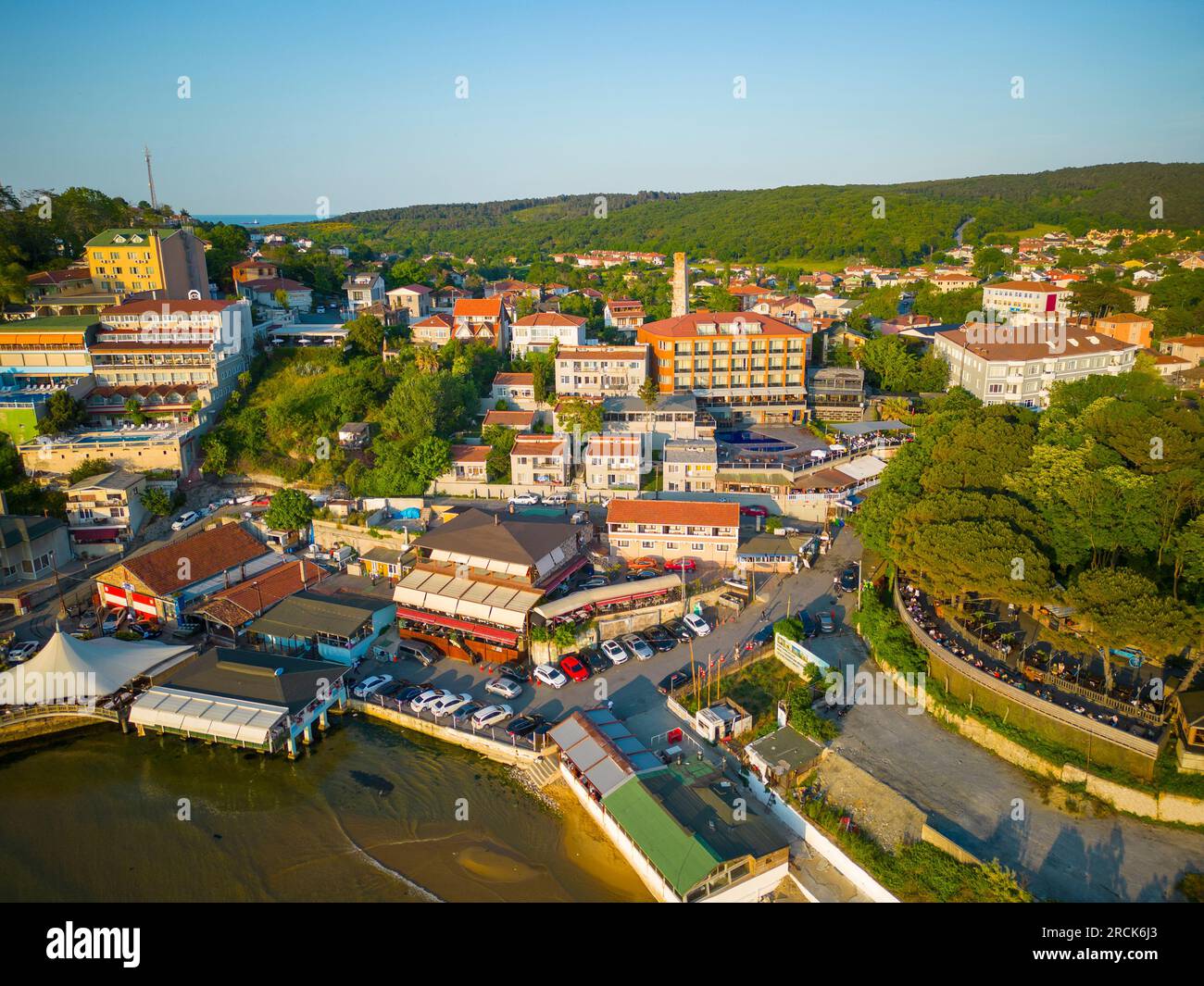 Kumkoy historic town center aerial view including the Black Sea seaside ...