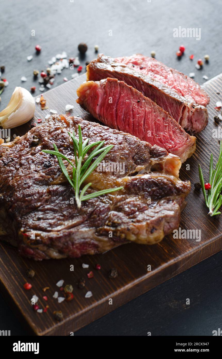 Cooked Beef Steak, Beef Organic Meat, Dark Background Stock Photo - Alamy