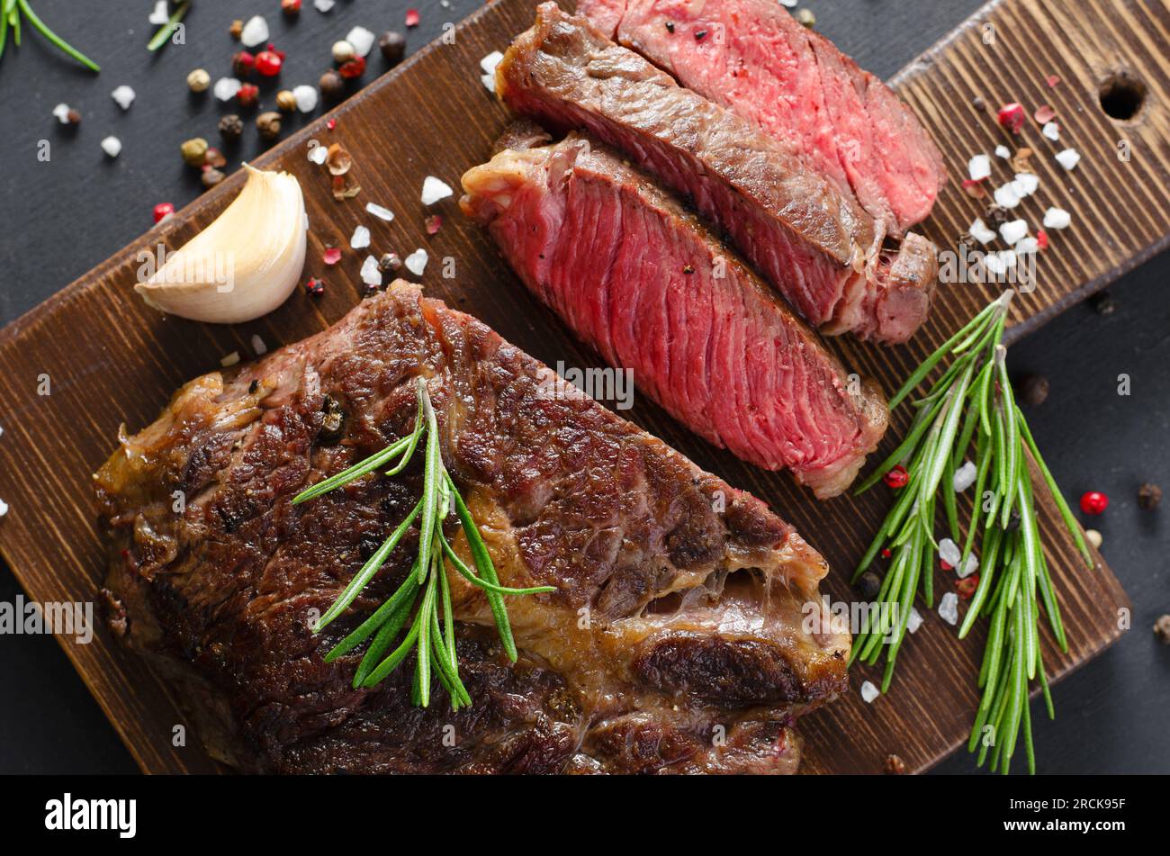 Cooked Beef Steak, Beef Organic Meat, Dark Background Stock Photo - Alamy