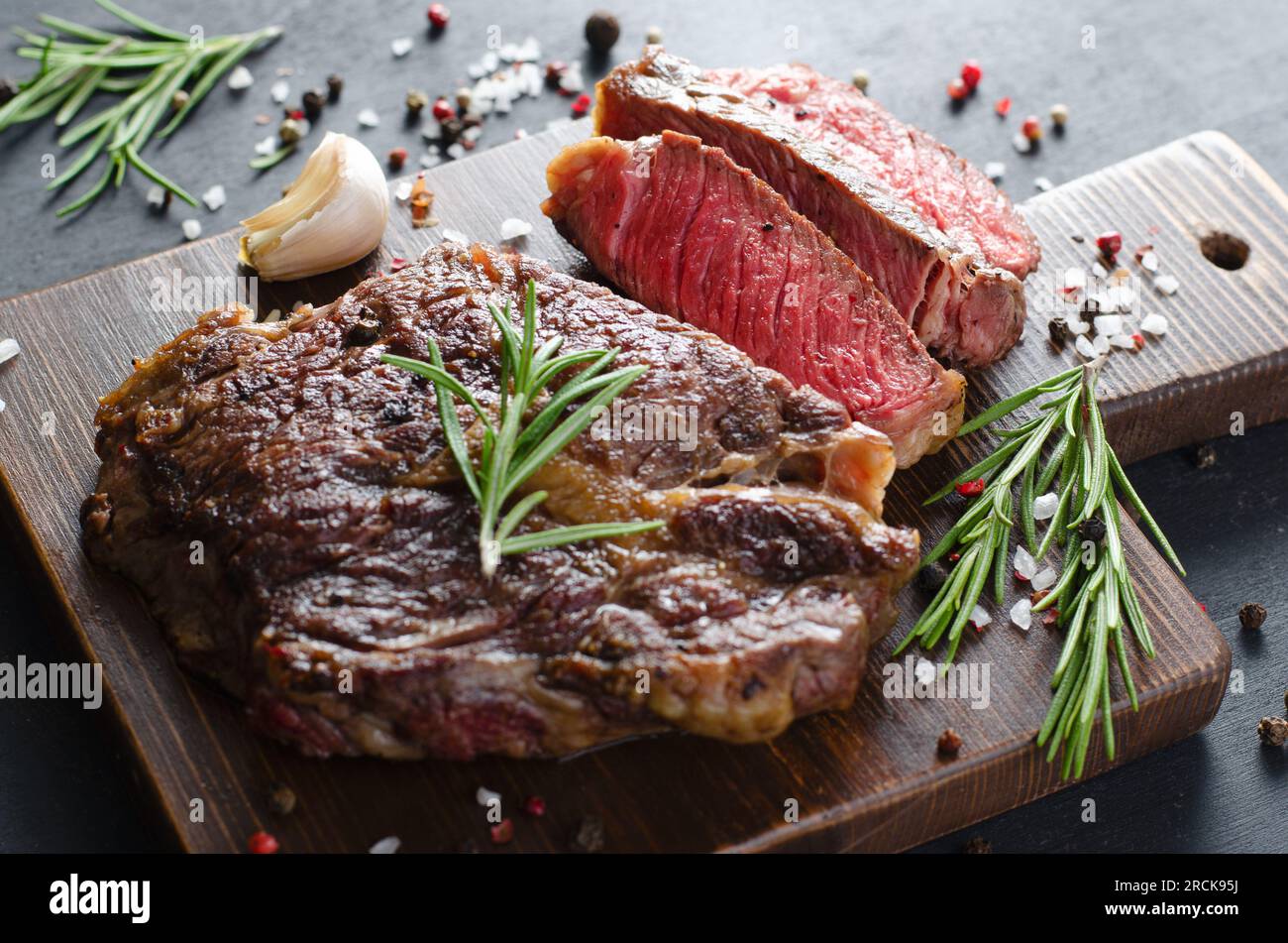 Cooked Beef Steak, Beef Organic Meat, Dark Background Stock Photo - Alamy