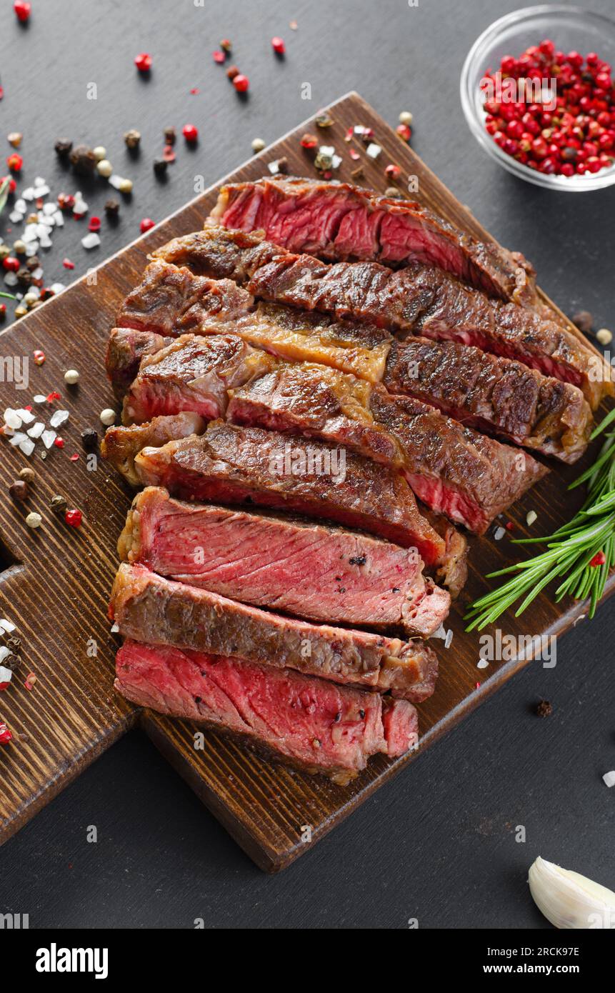 Cooked Beef Steak, Beef Organic Meat, Dark Background Stock Photo - Alamy