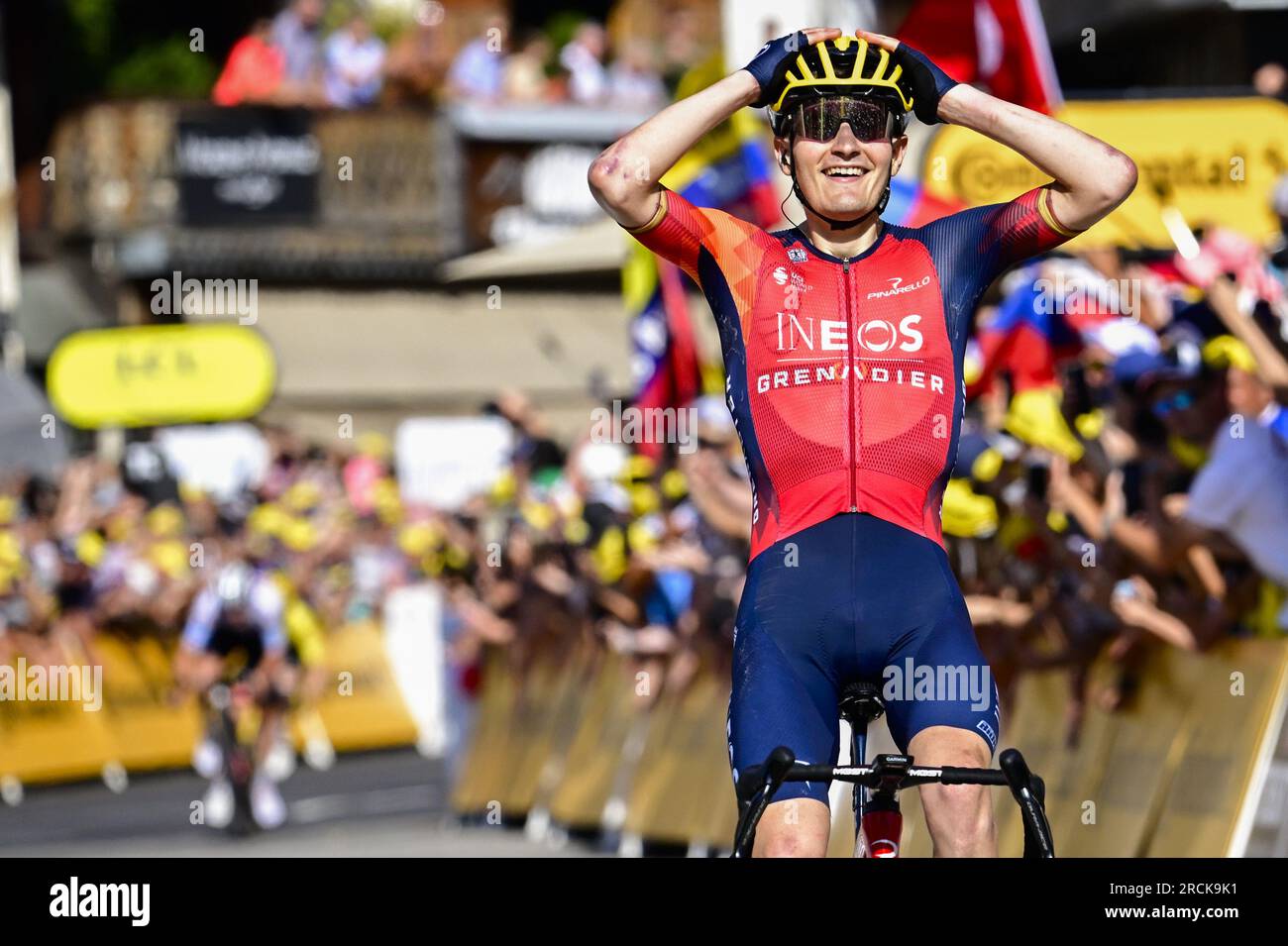 Spanish Carlos Rodriguez of Ineos Grenadiers celebrates as he crosses ...