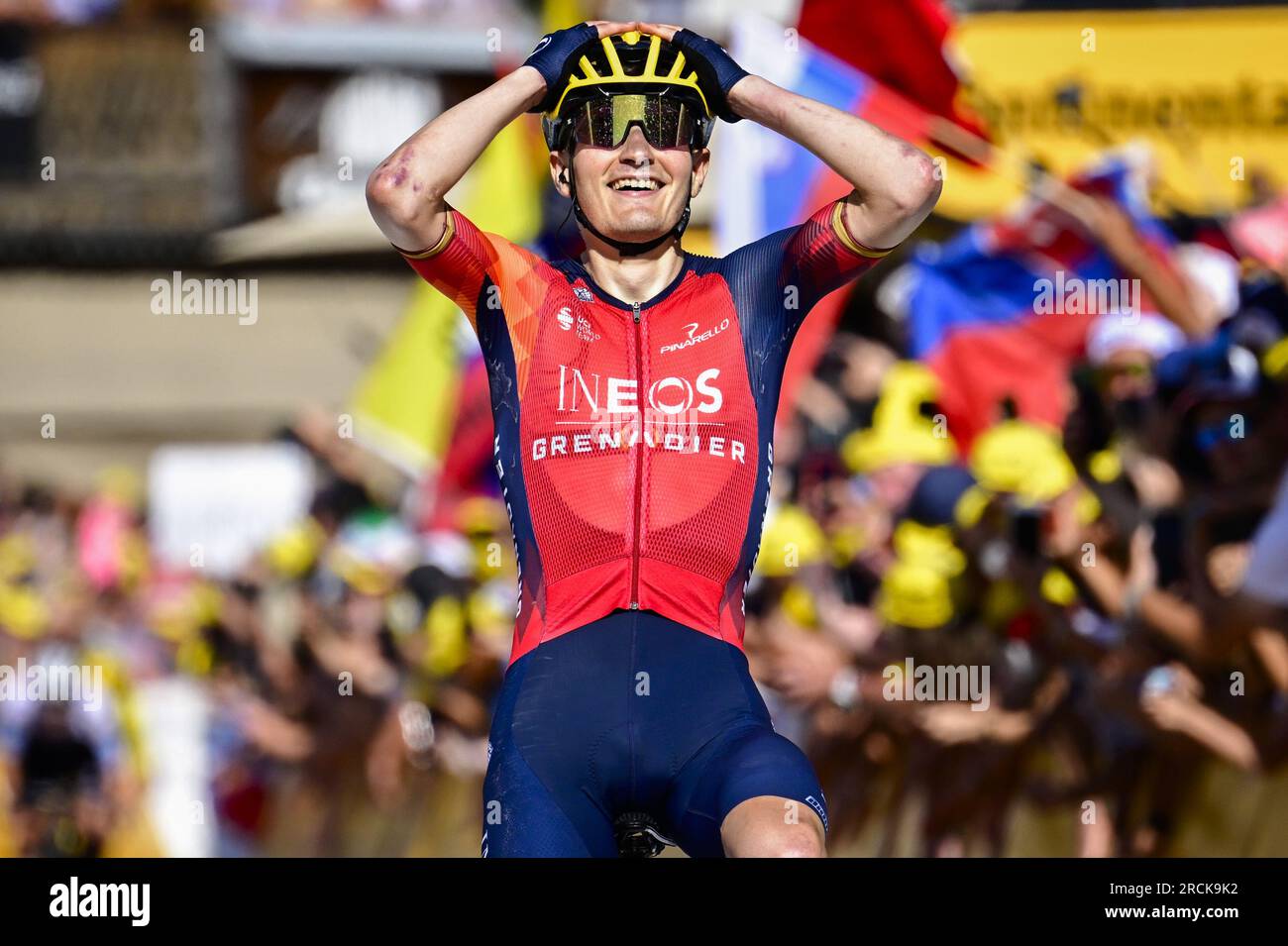 Spanish Carlos Rodriguez of Ineos Grenadiers celebrates as he crosses ...