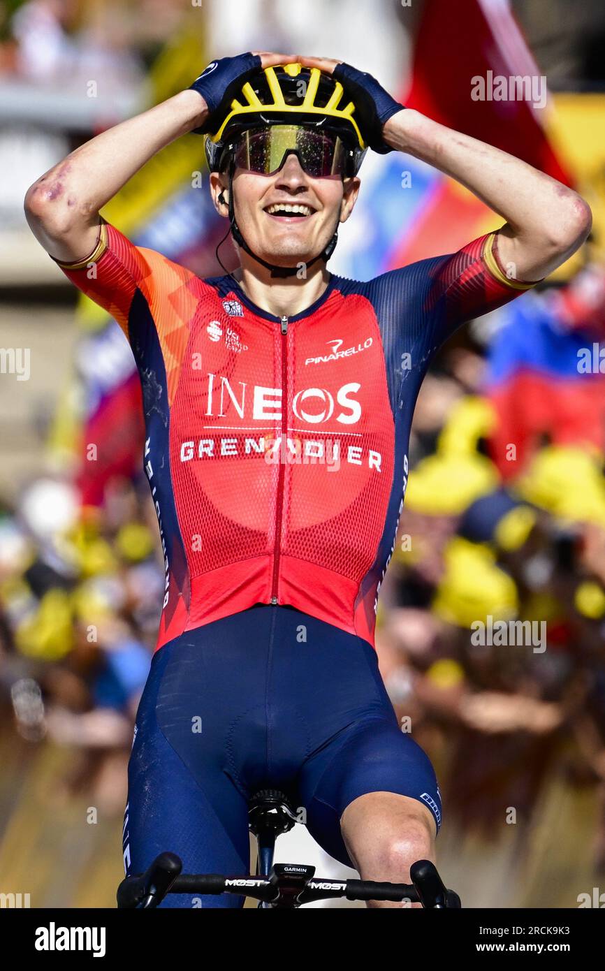 Spanish Carlos Rodriguez of Ineos Grenadiers celebrates as he crosses ...