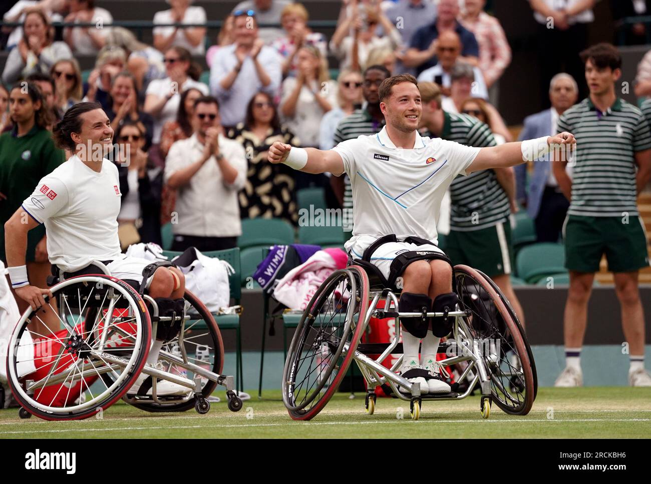 Alfie Hewett and Gordon Reid celebrate victory over Takuya Miki and Tokito Oda following the ...