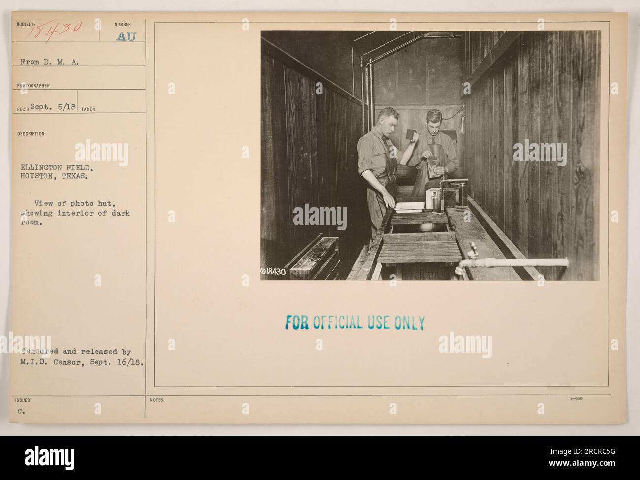 Interior of a photo hut at Ellington Field, Houston, Texas during World War One. The photo shows ...