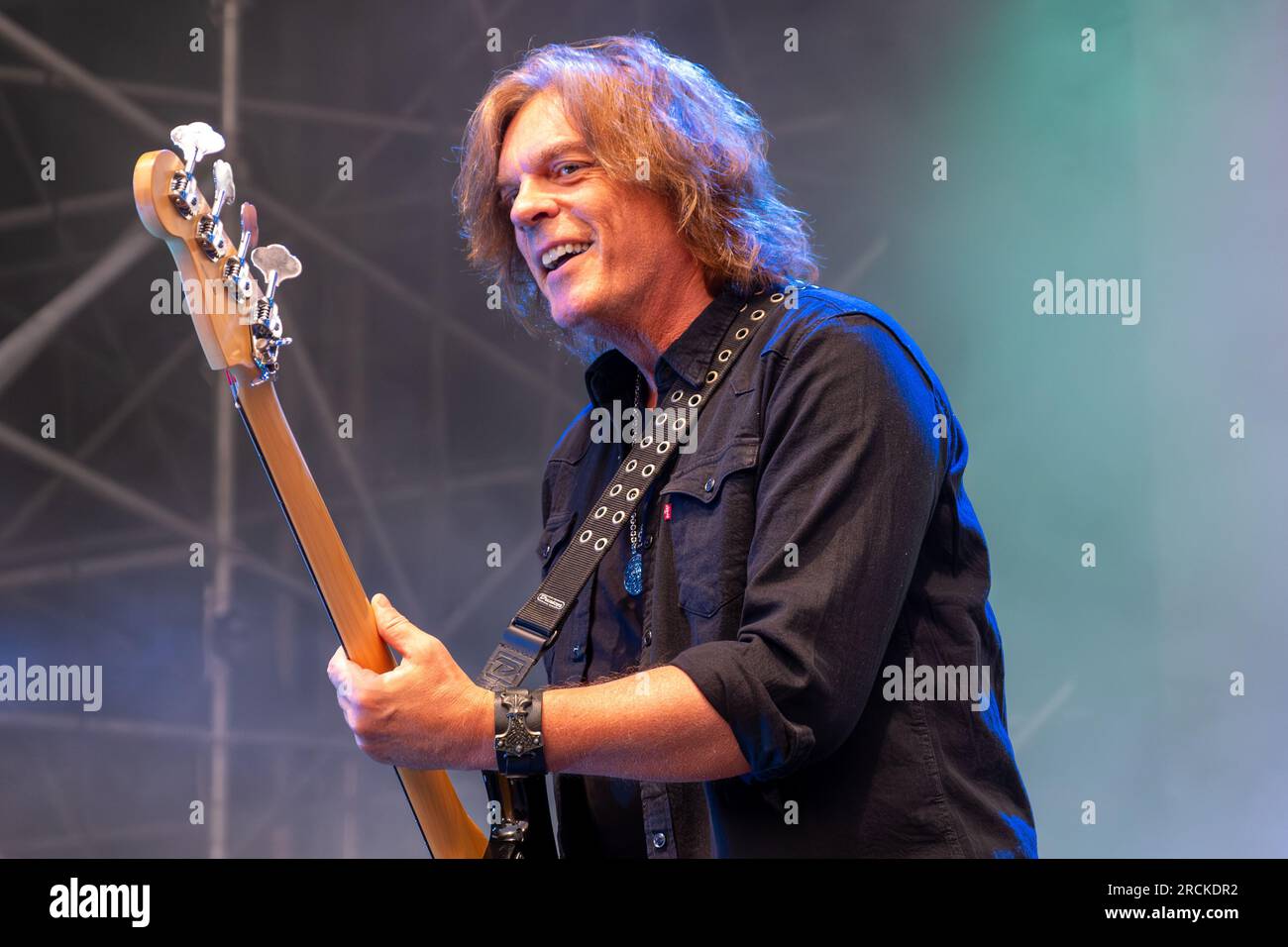 John Leven of the Swedish band of Europe, play the bass during their ...