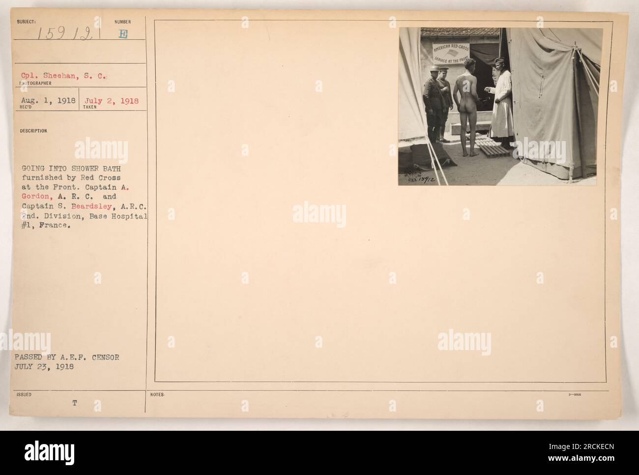 Soldier entering Red Cross provided shower bath during World War One ...