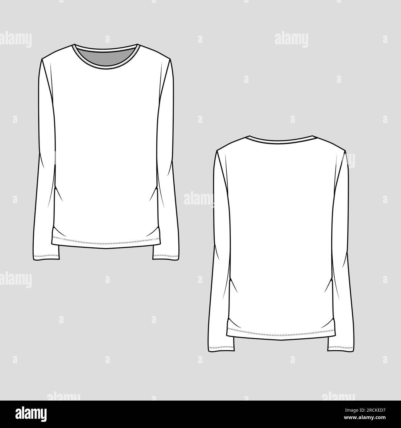 Fashion Crew Neck Long Sleeve T Shirt Top Flat Sketch Technical Drawing