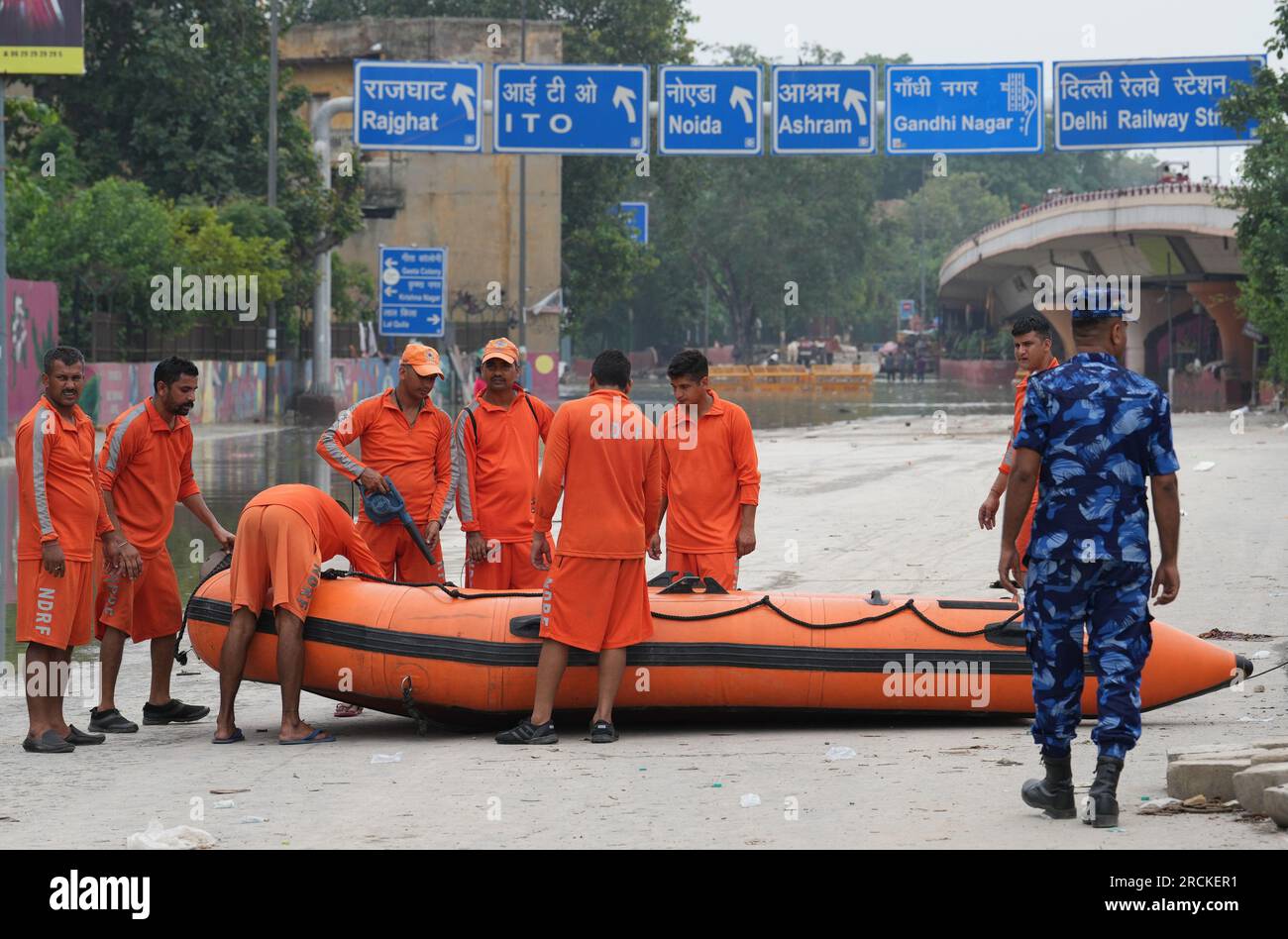 New Delhi, India. 15th July, 2023. Personnel of India's National Disaster Response Force. (NDRF ...