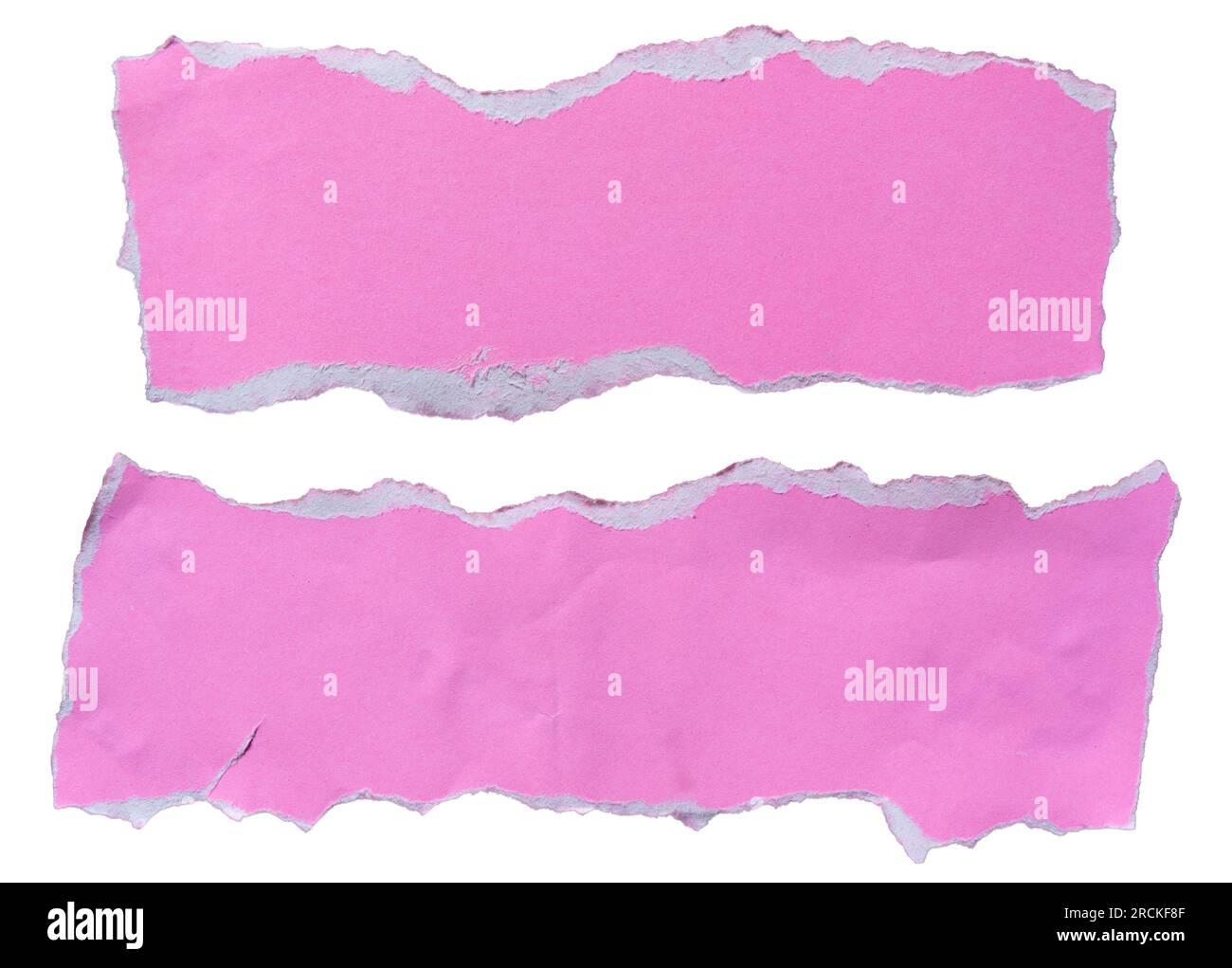 two pieces of torn pink paper for using as text box on white background ...