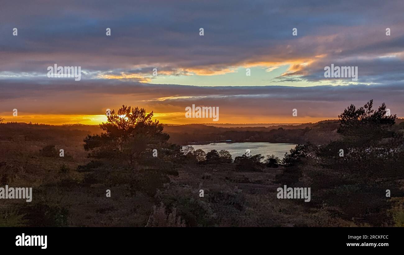 View around Frensham Common great and little pond in winter sunset ...