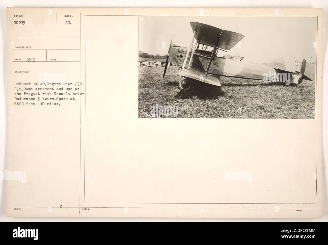 The image shows the Breguet 14 A2 aviation plane with a Fiat 275 H.P ...