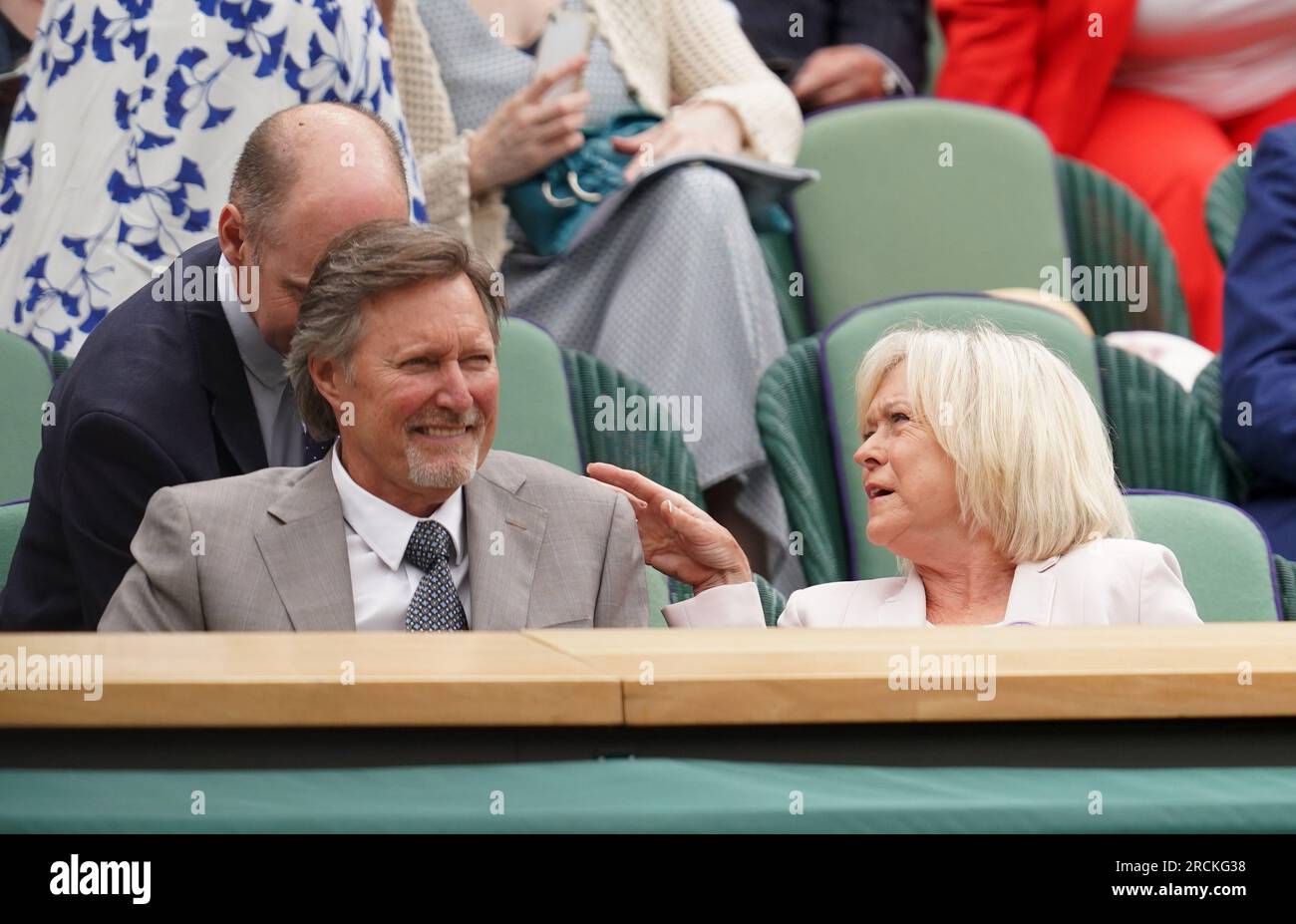 Sue Barker and Lance Tankard in the royal box on day thirteen of the 2023 Wimbledon ...