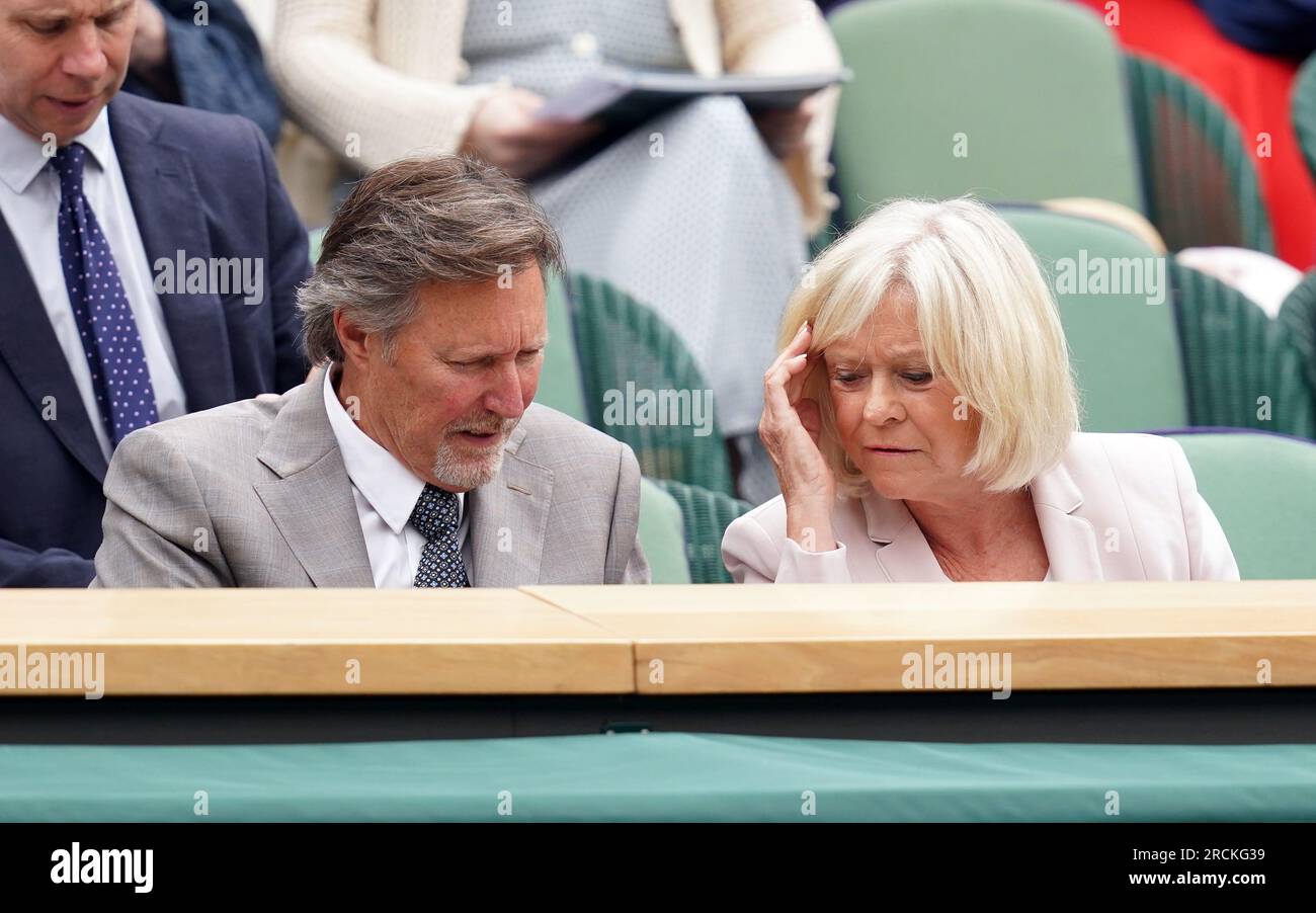 Sue Barker and Lance Tankard in the royal box on day thirteen of the 2023 Wimbledon ...