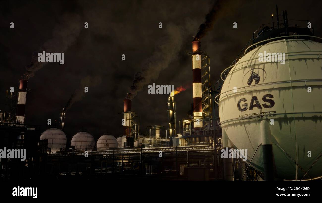 flammable natural gas or LNG storage tanks on refinery plant at night ...