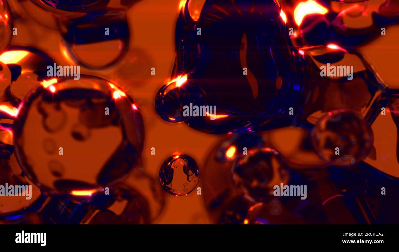 orange glowing pellucid crystalline spheres on black bg - abstract 3D ...