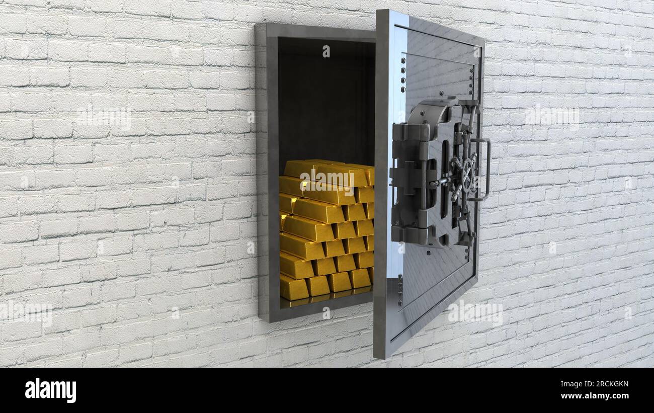 An open safe with gold bars inside a slide. 3D render Stock Photo - Alamy