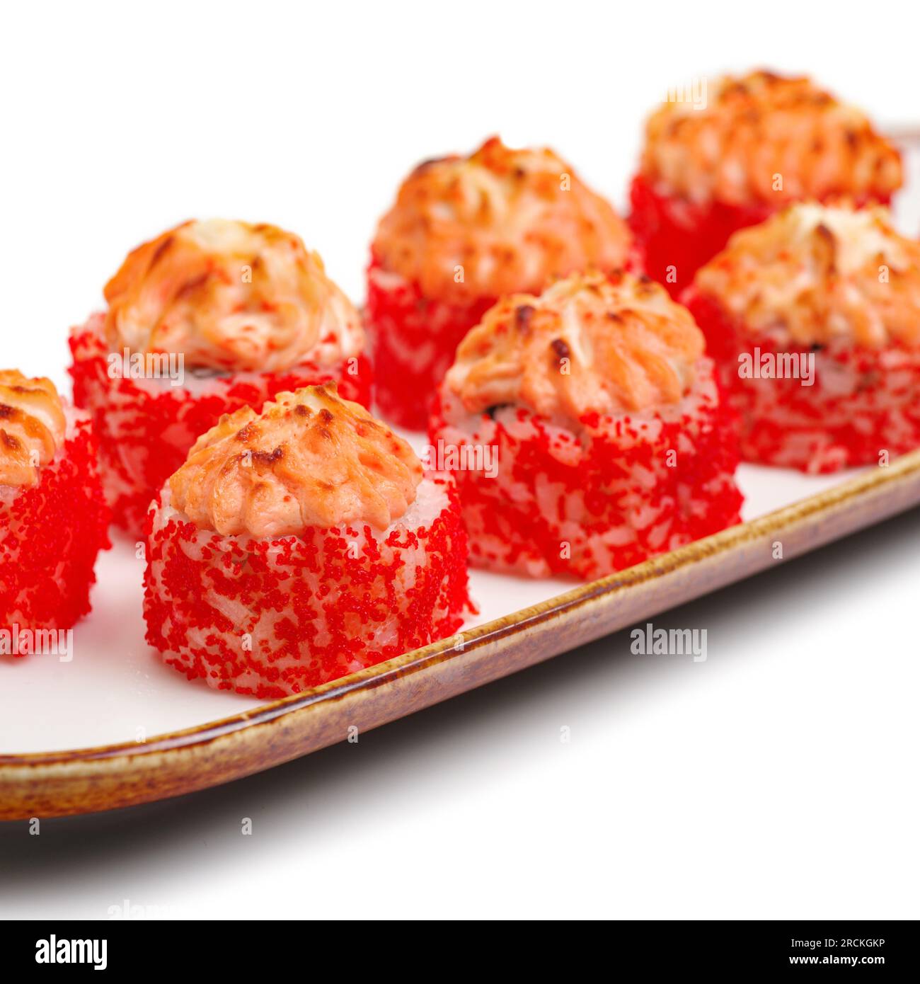 Sushi Baked Roll with salmon black rice and red masago on white ...