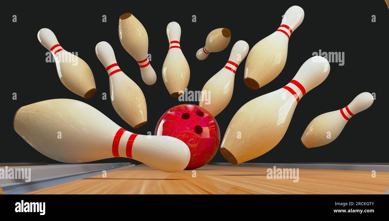 bowling skittles and bowling ball red. 3D render Stock Photo - Alamy