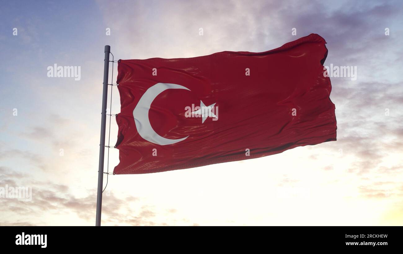 Flag of Turkey waving in the wind, sky and sun background. Turkish Flag ...