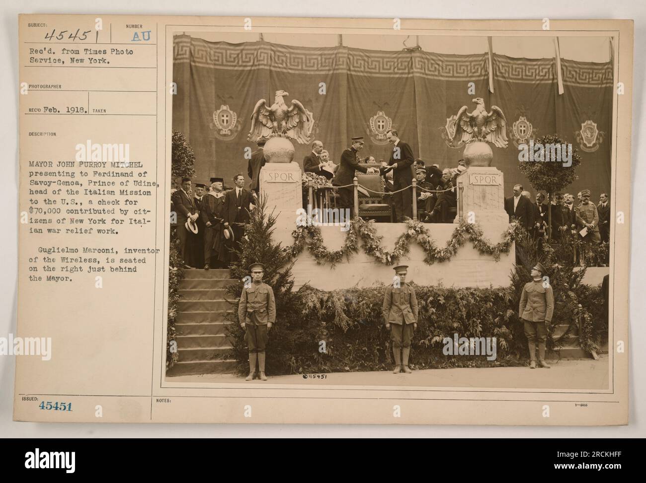 Mayor John Purroy Mitchel presenting a check for $70,000 to Ferdinand ...