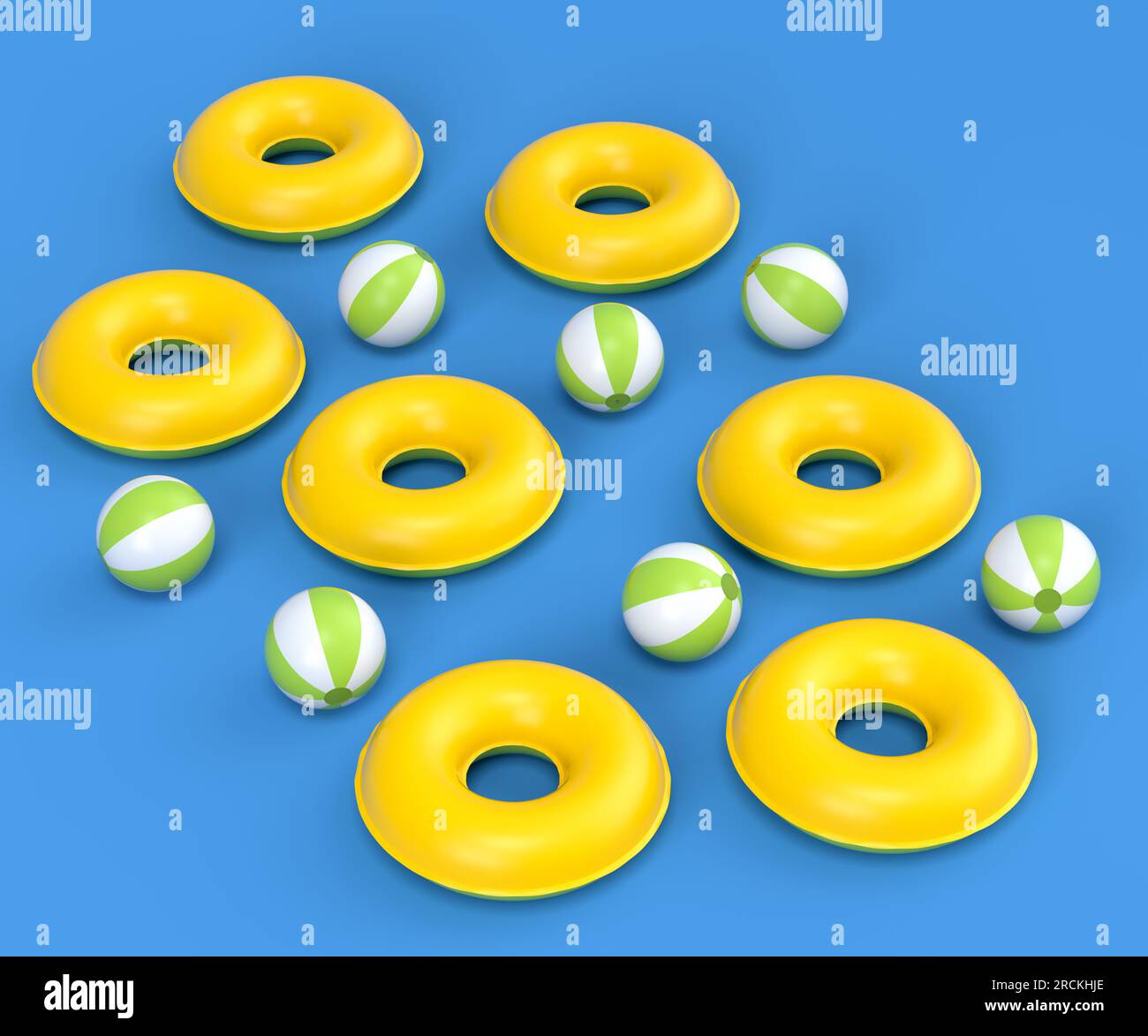 Colorful inflatable rings and balls on blue background. 3D render of ...